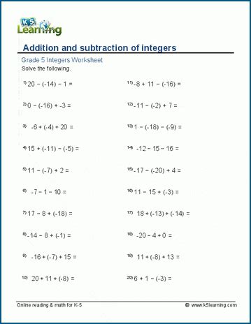 Understanding Integers Grade 6 Worksheet
