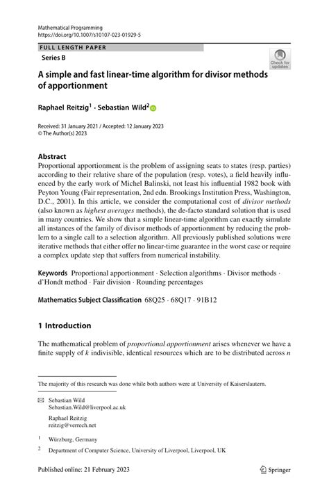 pdf a simple and fast linear time algorithm for divisor methods of apportionment