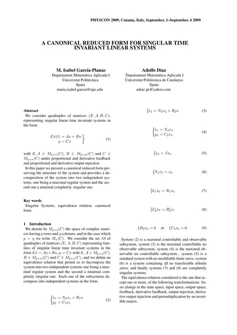 pdf a canonical reduced form for singular time invariant linear systems part i