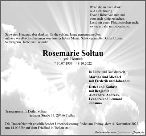Das Trauerportal für Lüchow Dannenberg Todesanzeigen Rosemarie Soltau