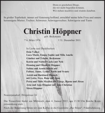 Traueranzeigen von Christin Höppner trauer anzeigen de