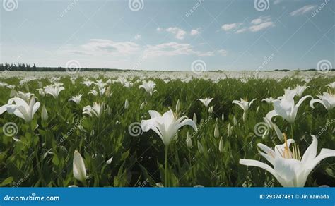 White Lilies In A Field With Blue Sky And White Clouds Stock