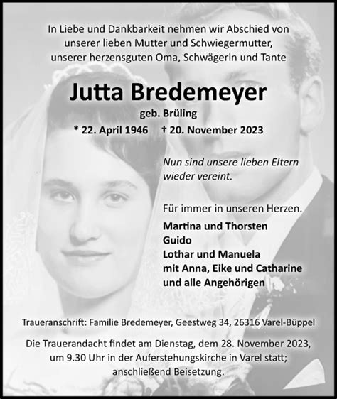 Traueranzeigen Von Jutta Bredemeyer Nordwest Trauer De