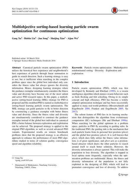 multiobjective sorting based learning particle swarm optimization for continuous optimization