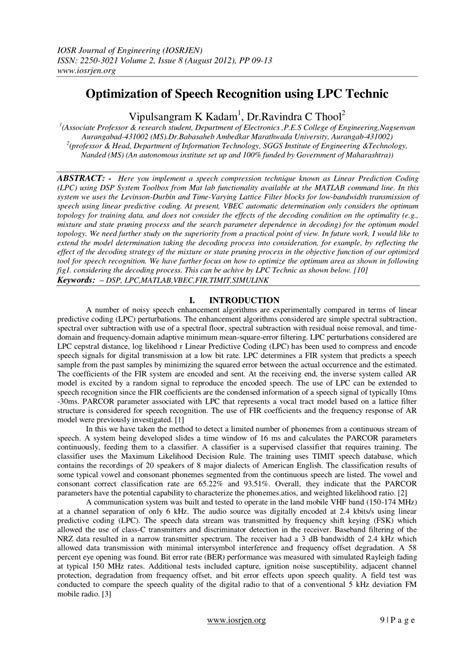 pdf optimization of speech recognition using lpc technic