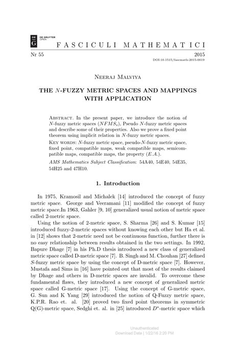 pdf the n fuzzy metric spaces and mappings with application