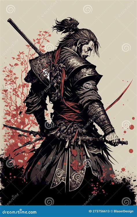 Japanese Samurai Warrior Mighty Ninja With Swords Stock Vector