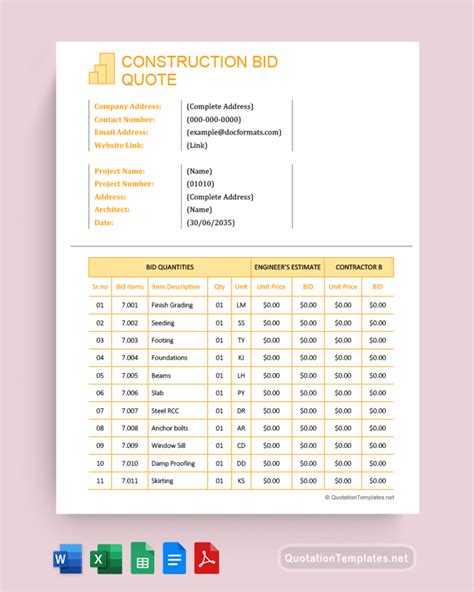 Free Construction Quote Templates Word Excel PDF