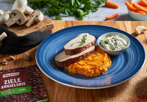 Schab w sosie własnym z puree z marchewki i sosem pieczarkowym DS