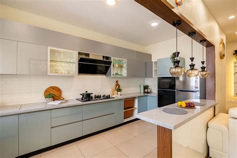 Metallic Blue And Grey Modular Island Kitchen Design Livspace