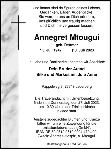 Traueranzeigen Von Annegret Mtougui Nordwest Trauer De