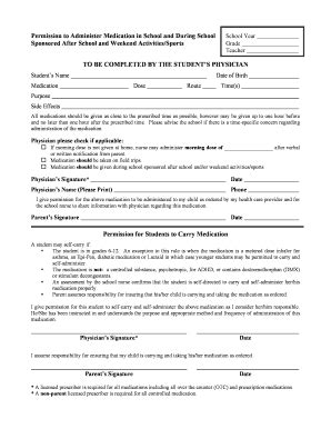 Fillable Online Permission To Administer Medication In School And