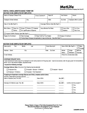 Fillable Online DENTAL ENROLLMENT CHANGE FORM FOR Fax Email Print