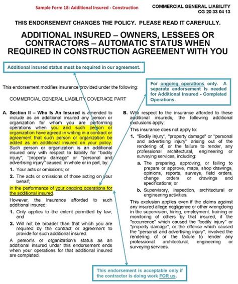 Sample Form 18 Additional Insured Construction