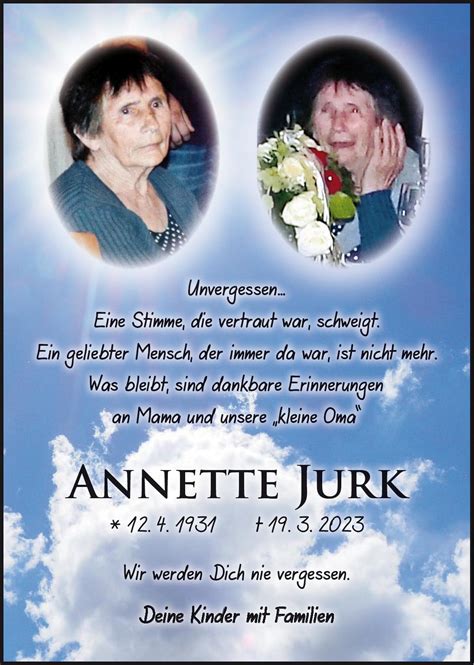 Das Trauerportal für Lüchow Dannenberg Todesanzeigen Annette Jurk