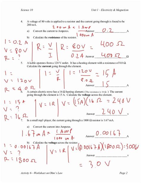Ohm S Law Worksheet With Answers Ohm S Law Practice Workshee