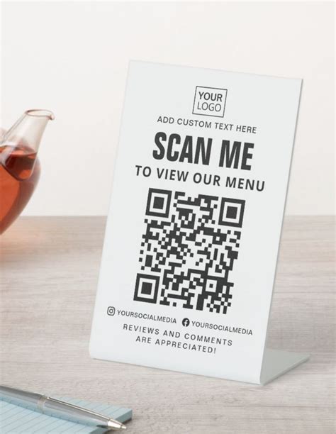 White Or Any Color Scan QR Code To View Menu Sign With Your Custom Logo