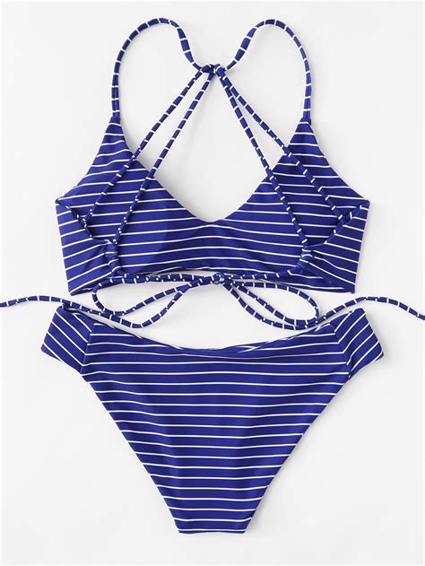 Striped Self Tie Bikini Set SheIn Sheinside
