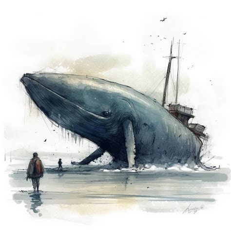 Un dibujo de una ballena azul está siendo observado por un hombre en el