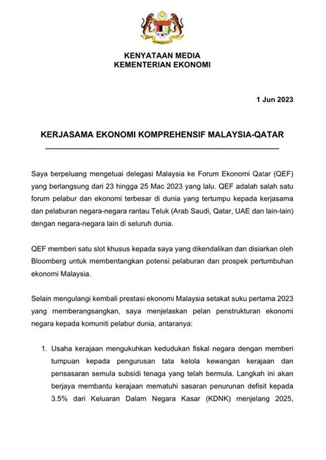 Kementerian Ekonomi Laman Rasmi On Twitter 1 Jun 2023 Kenyataan