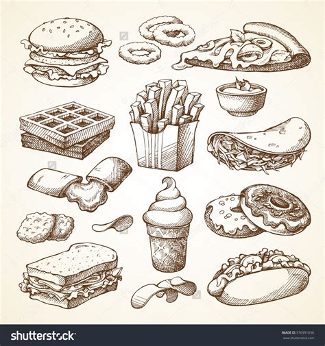 Set With Fast Food Illustration Sketch Vector Illustration Fast Food