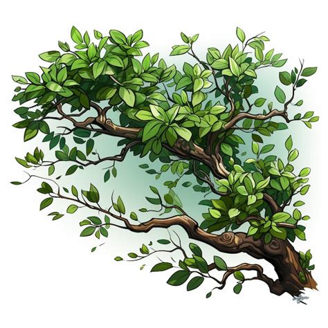 Un árbol de dibujos animados con hojas verdes y ramas en un fondo