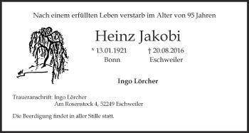 Traueranzeigen Von Heinz Jakobi WirTrauern