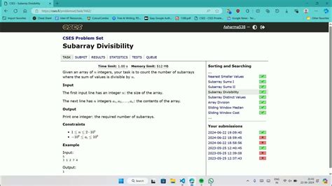 cses subarray divisibility cses solutions cses problem set sorting and searching youtube