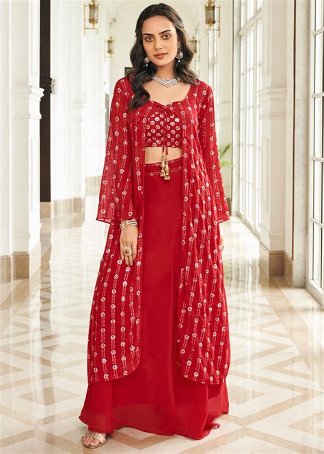 Red Crop Top Palazzo Set With Shrug Urban Womania