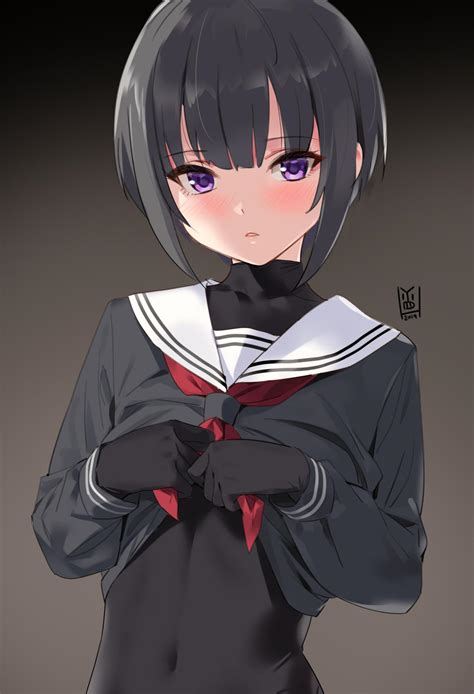 Safebooru 1girl Bangs Black Gloves Black Hair Blunt Bangs Blush Bob Cut Bodystocking Breasts