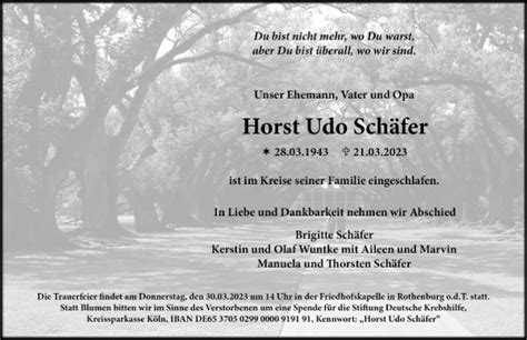 Traueranzeigen von Horst Udo Schäfer trauer flz de