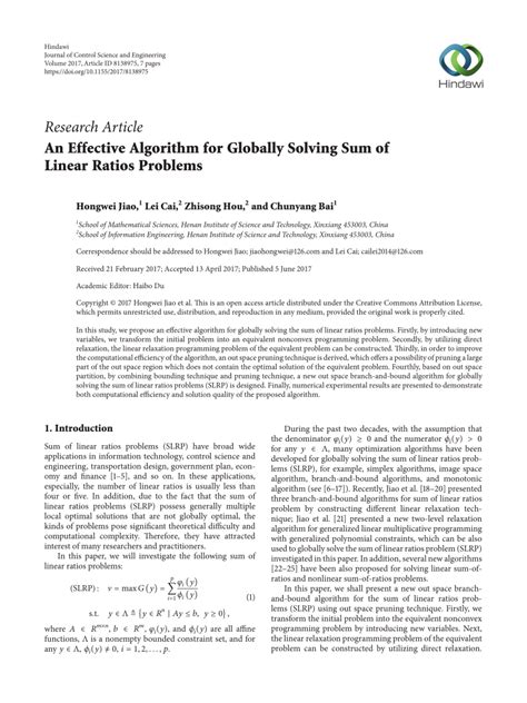 pdf an effective algorithm for globally solving sum of linear ratios problems