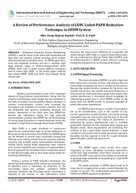 pdf irjet a review of performance analysis of ldpc coded papr reduction technique in ofdm