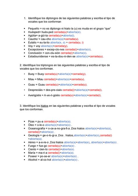 Guia de ejercicios Identificación diptongos e hiatos entre otros