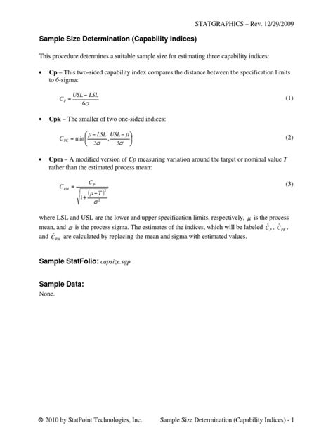 sample size determination capability indices pdf confidence interval sample size