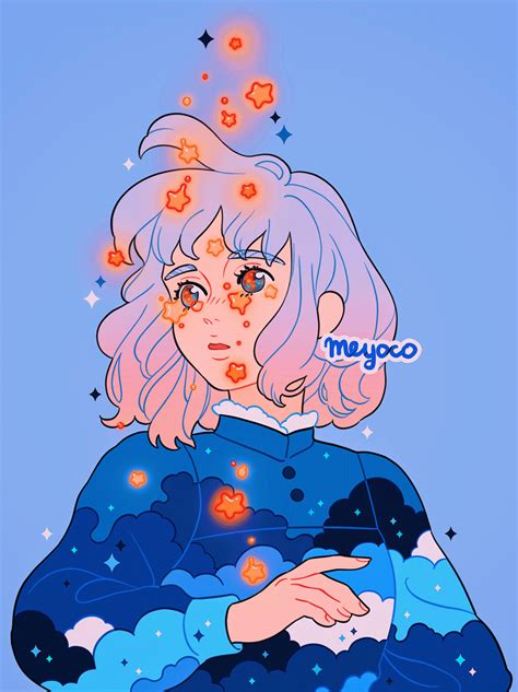 Safebooru Girl Artist Name Bangs Blue Background Cloud Print Glowing