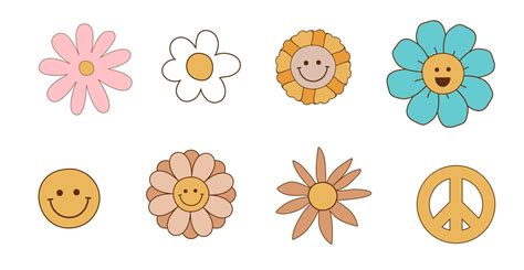 Groovy Flowers Set Retro S Smiling Face Flowers Graphic Elements