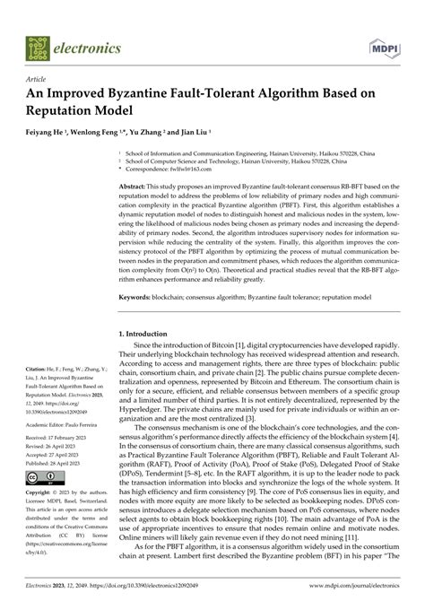 pdf an improved byzantine fault tolerant algorithm based on reputation model