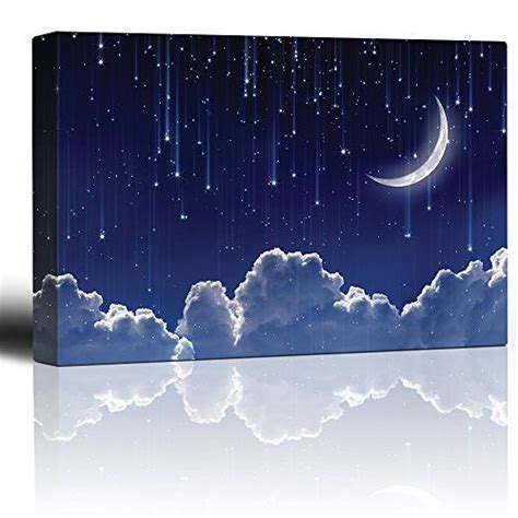 Crescent Moon With Bright Falling Stars Above The Clouds Home Art