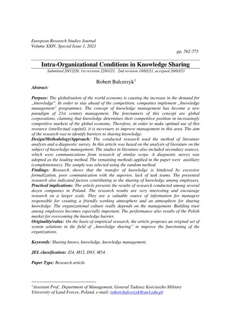 pdf intra organizational conditions in knowledge sharing