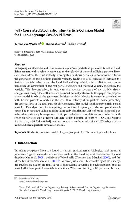 pdf fully correlated stochastic inter particle collision model for euler lagrange gas solid flows