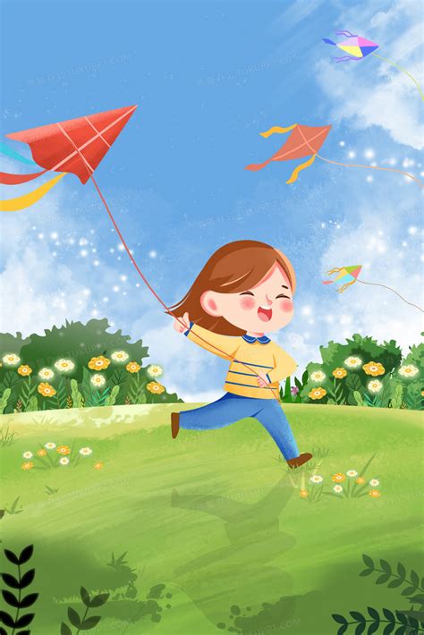 卡通风格小女孩放风筝插画图片素材下载 psd格式 熊猫办公