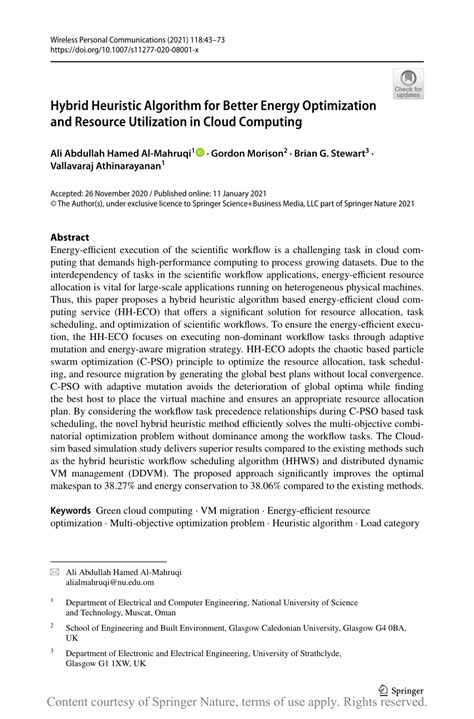 hybrid heuristic algorithm for better energy optimization and resource utilization in cloud