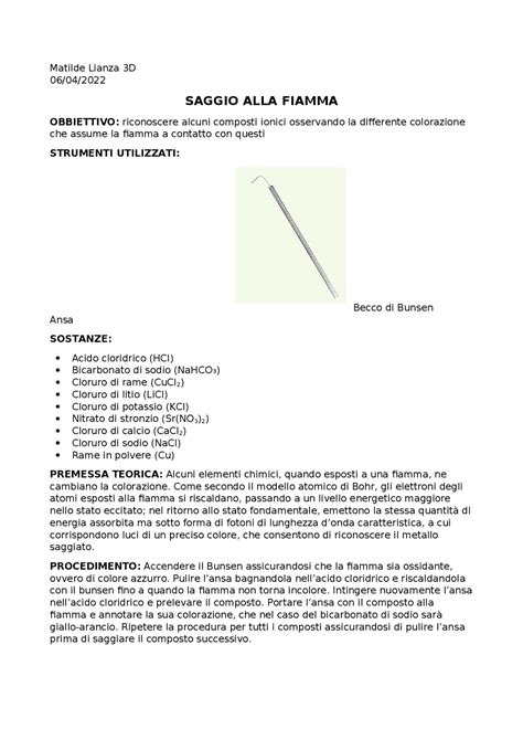 Saggio Alla Fiamma Relazione Guide Progetti E Ricerche Di Chimica