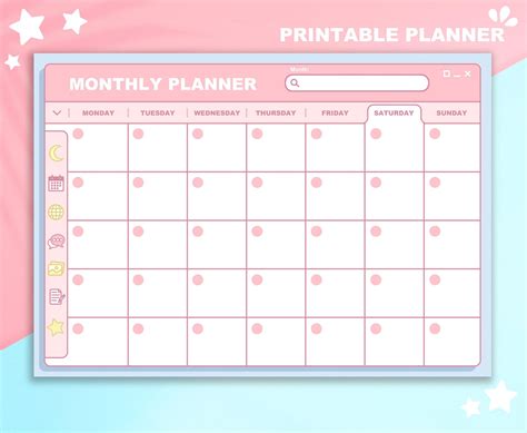 Printable Pastel Monthly Planner Undated Digital Planner Cute Kawaii