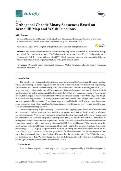 pdf orthogonal chaotic binary sequences based on bernoulli map and walsh functions