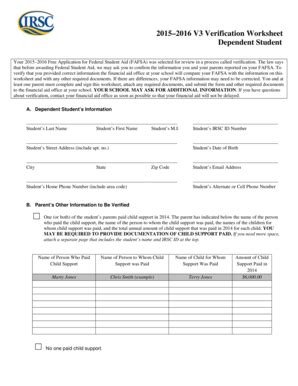 Fillable Online Irsc 20152016 V3 Verification Worksheet Irsc Fax