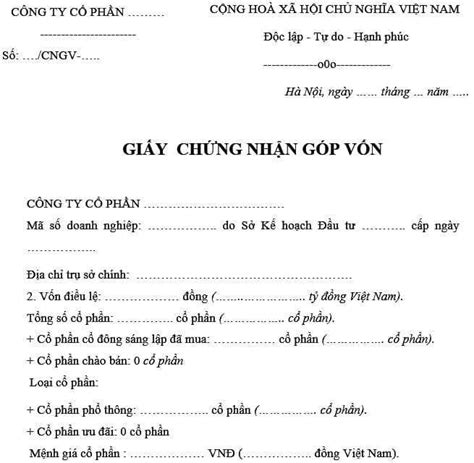 Mẫu giấy chứng nhận góp vốn vào công ty cổ phần hiện nay Công ty cổ