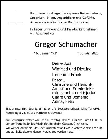 Traueranzeigen Von Gregor Schumacher WirTrauern