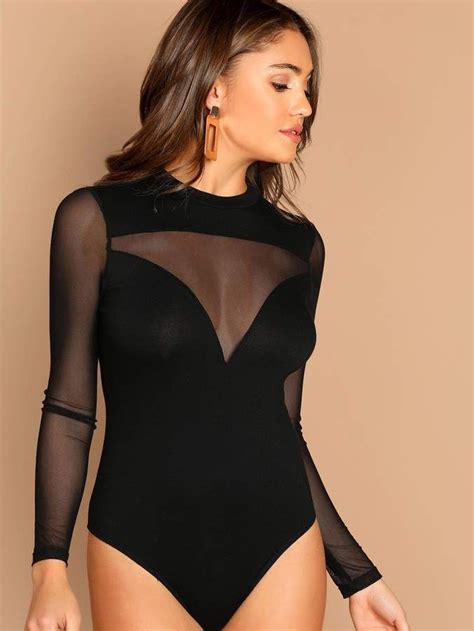 Shein Mock Neck Mesh Insert Form Fitting Bodysuit Halter Monokini